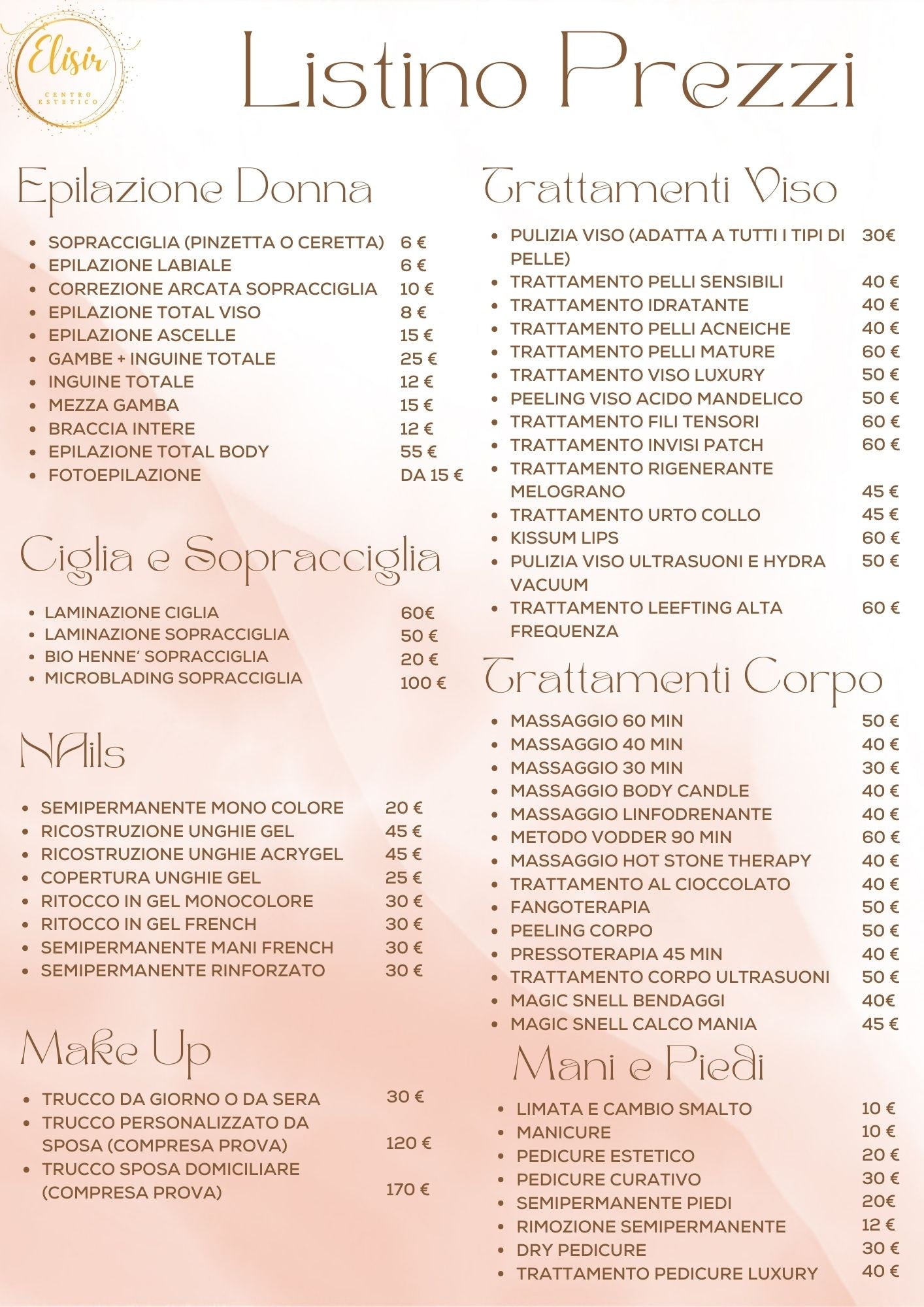 LISTINO PREZZI – Elisir Centro Estetico